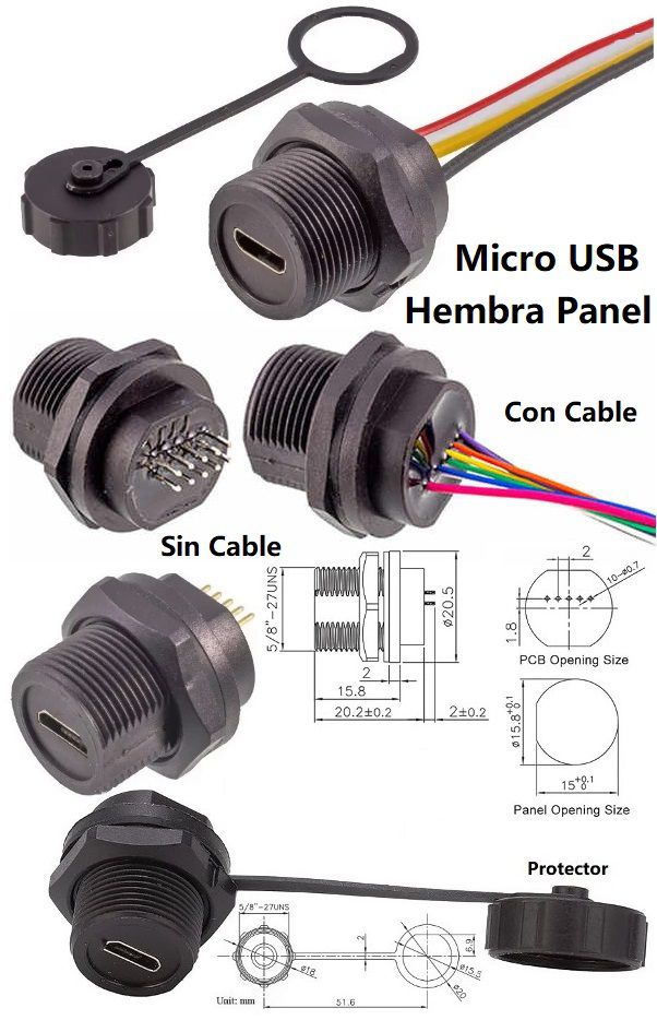 Conector Base Micro-USB, Hembra IP68