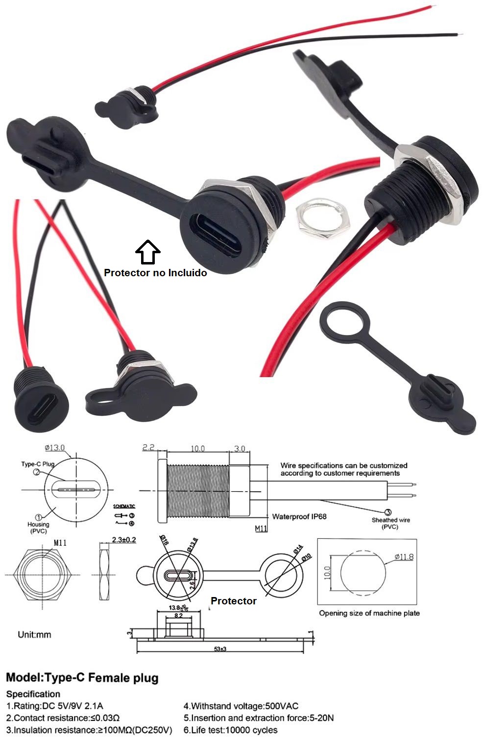 Conector Base USB-C, Hembra IP67