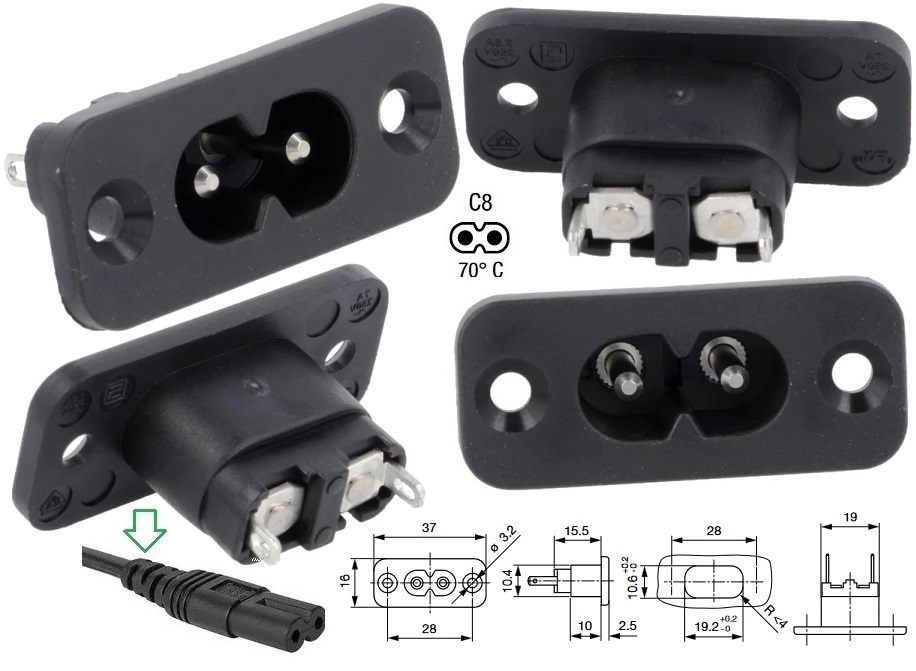 Base enchufe IEC C8 Macho Pcb Schurter
