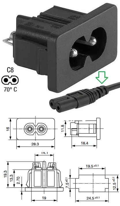 Base enchufe IEC C8 Macho Pcb Schurter