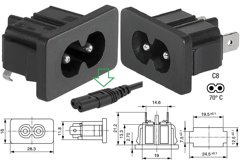 Base enchufe IEC C8 Macho Pcb Schurter