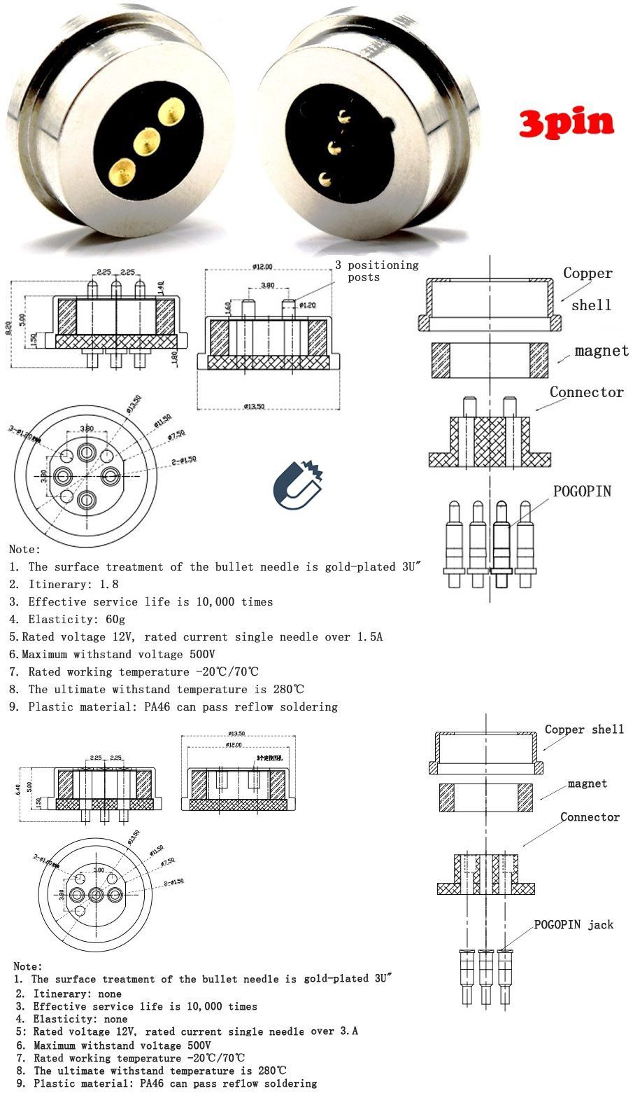 Conectores Magnéticos 3 pin. 12mm