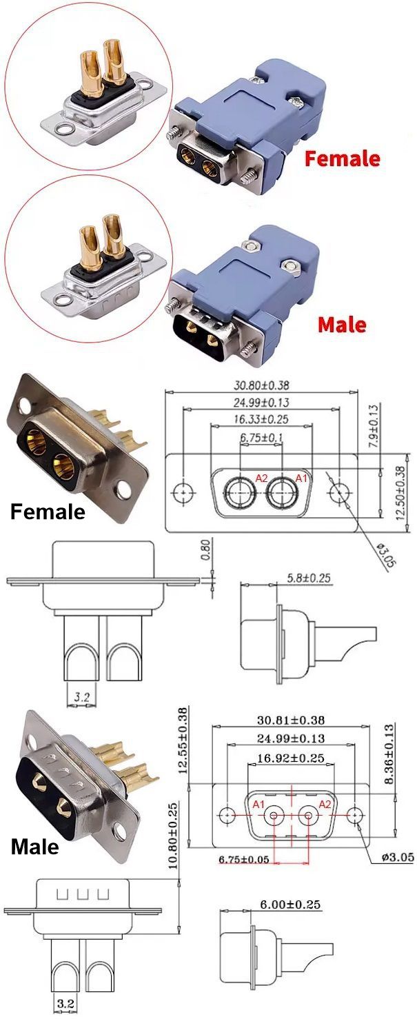 Conector SUB D 2 pin de alta corriente 30A