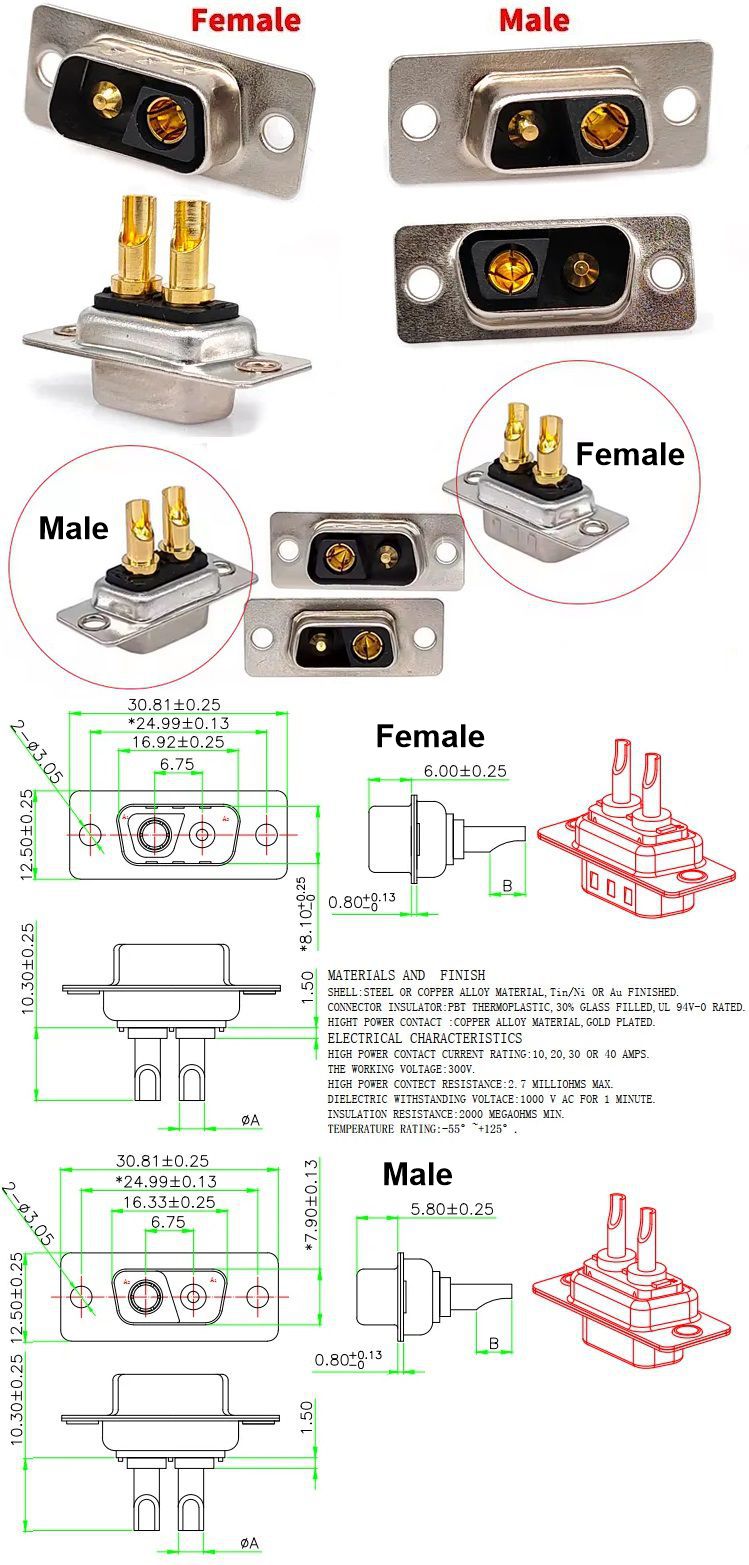 Conector SUB D 2 pin de alta corriente 30A