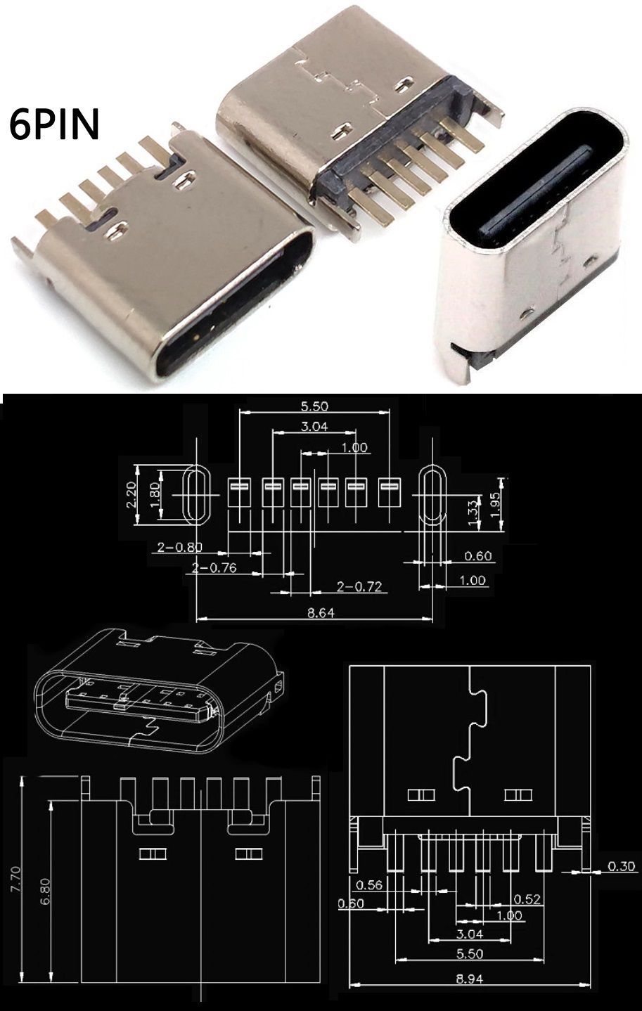 Conector USB-C Hembra Smd 6 pin vertical o horizontal