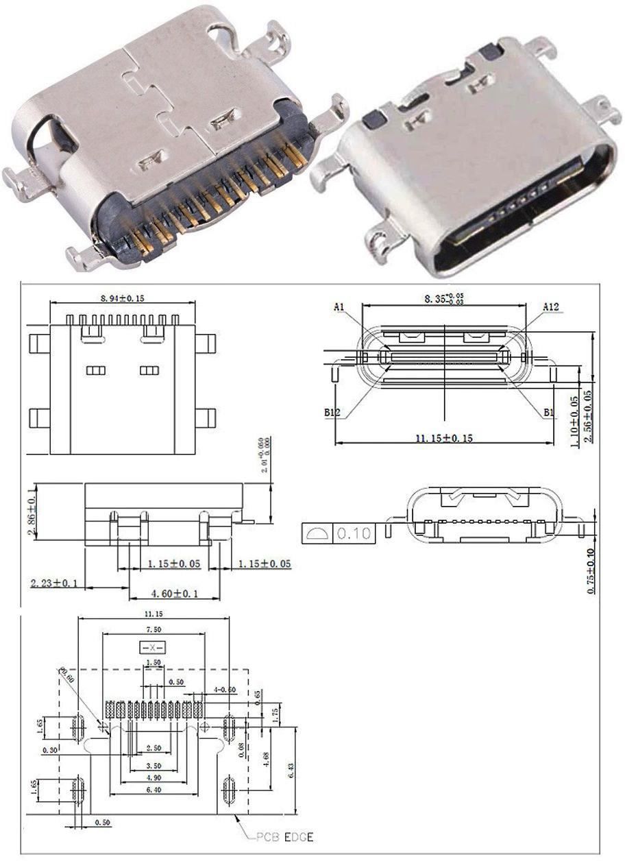 Conector USB-C Hembra Smd 16 pin, 90º