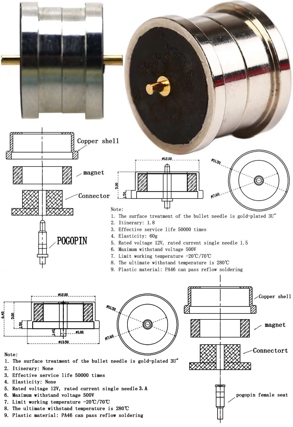 Conectores Magnéticos, 1Pin 12mm, 10A