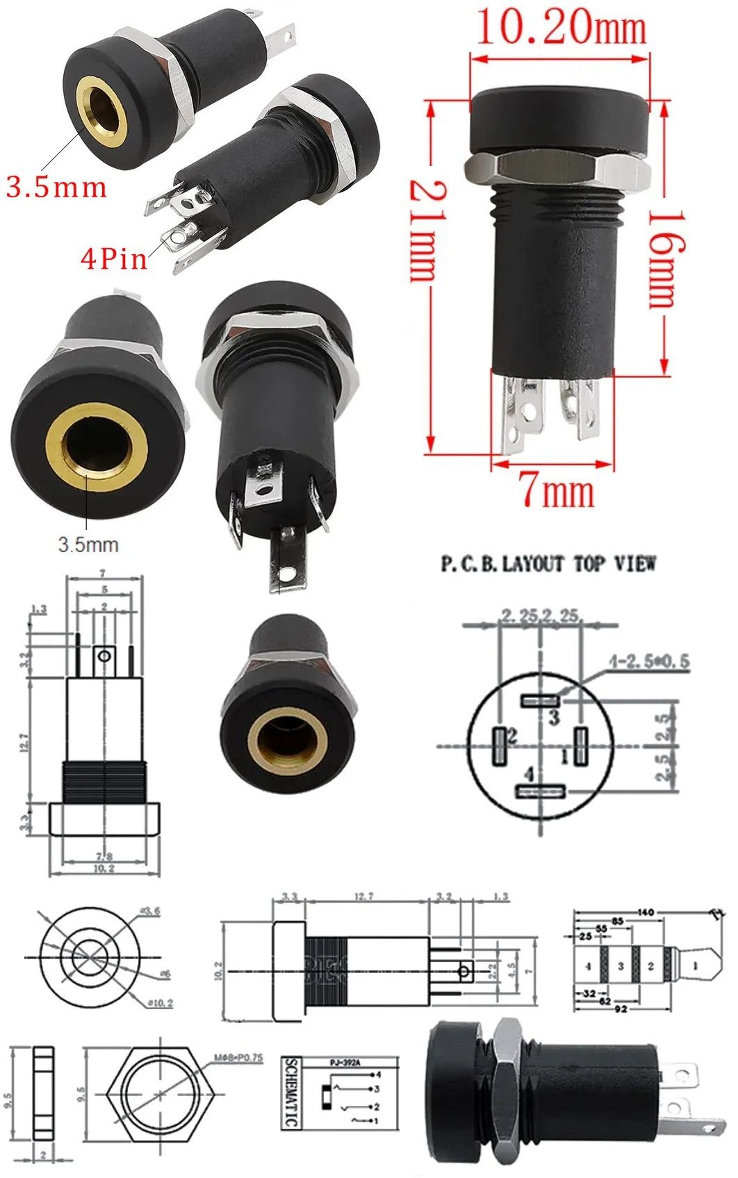 Conector Jack 3.5mm Stereo Hembra Panel