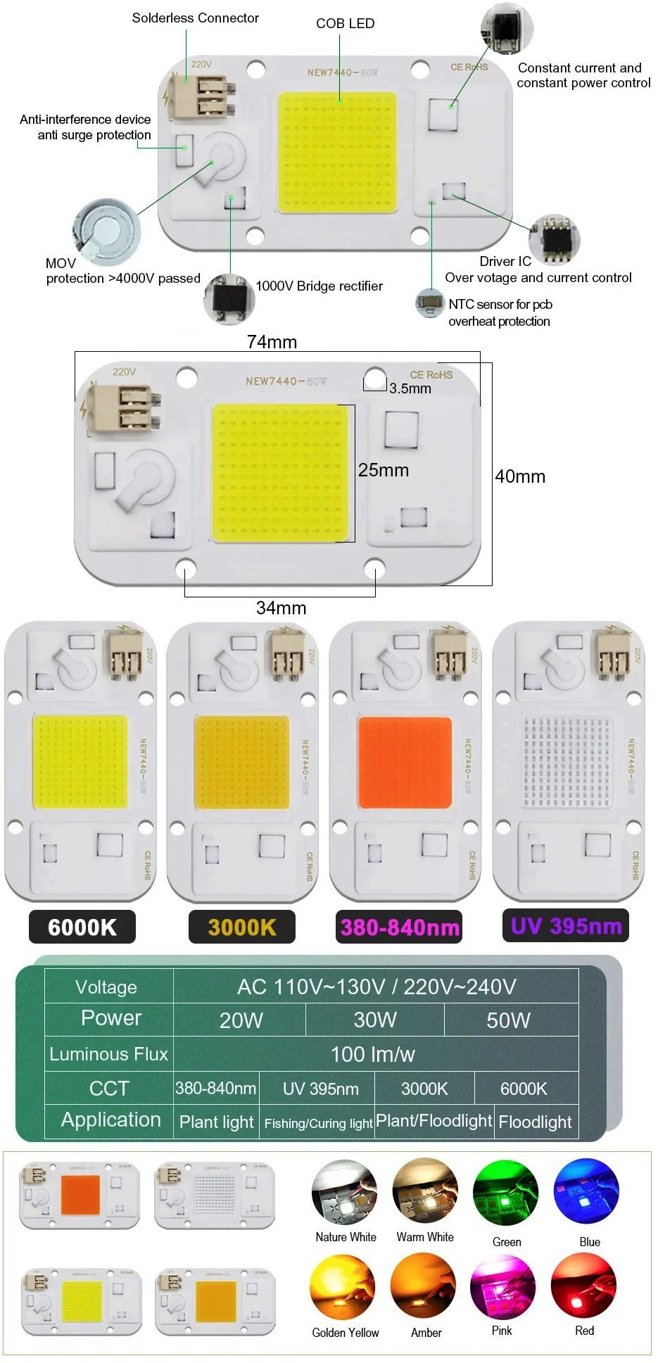 Led 50w COB 220v Chip On Board con Bornas 7440