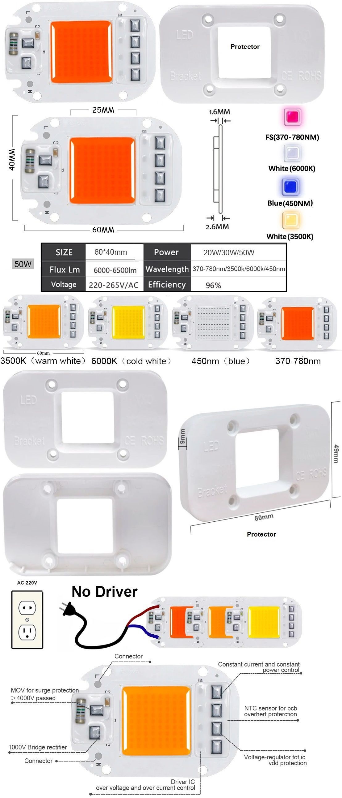 Led COB 50w 220v Chip On Board