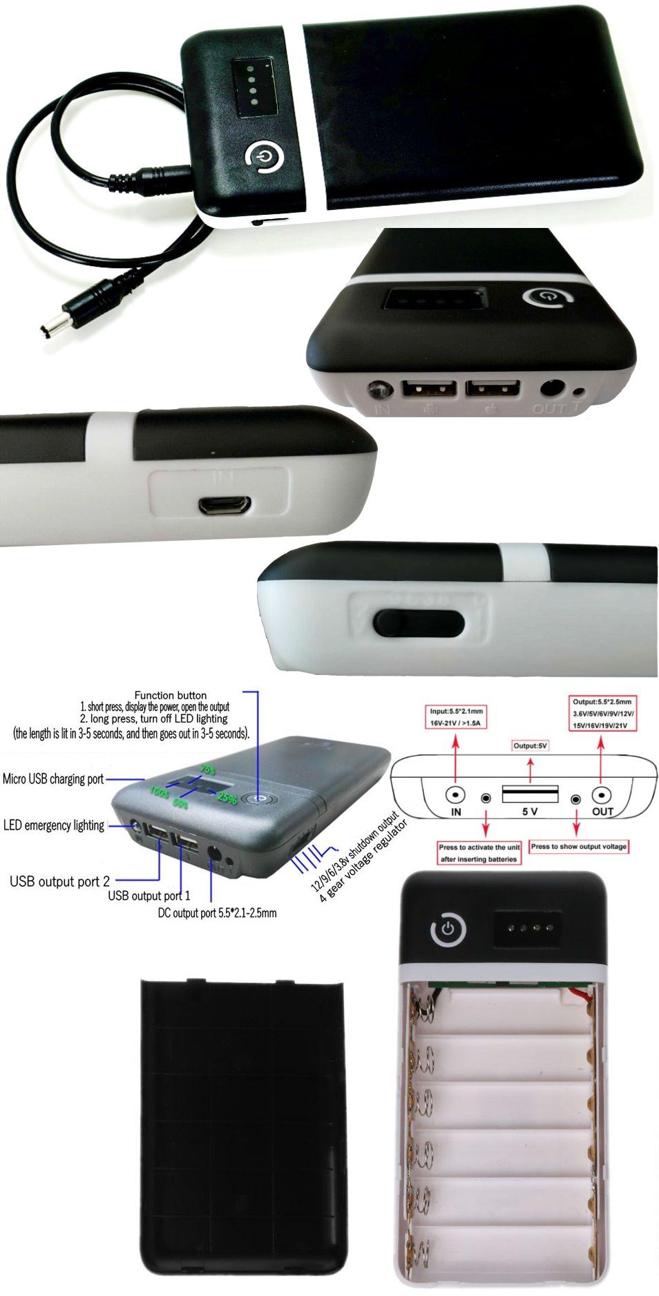 Power Bank para 6 baterías 18650 de Litio. de 3.8v, 6v, 9v y 12v