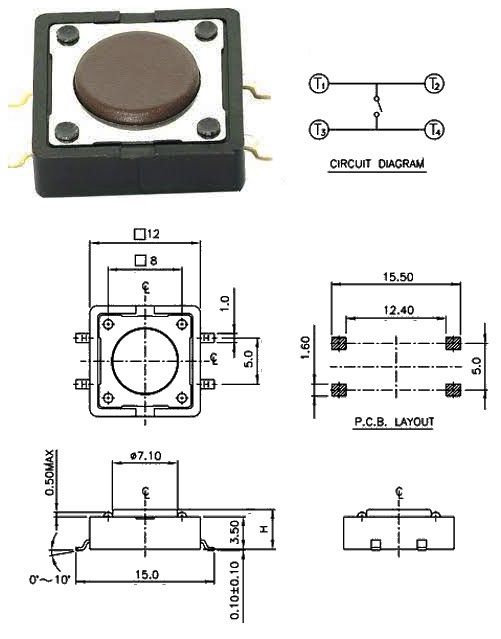 Pulsador Tact Switch de 12x12mm SMD, 0.8mm