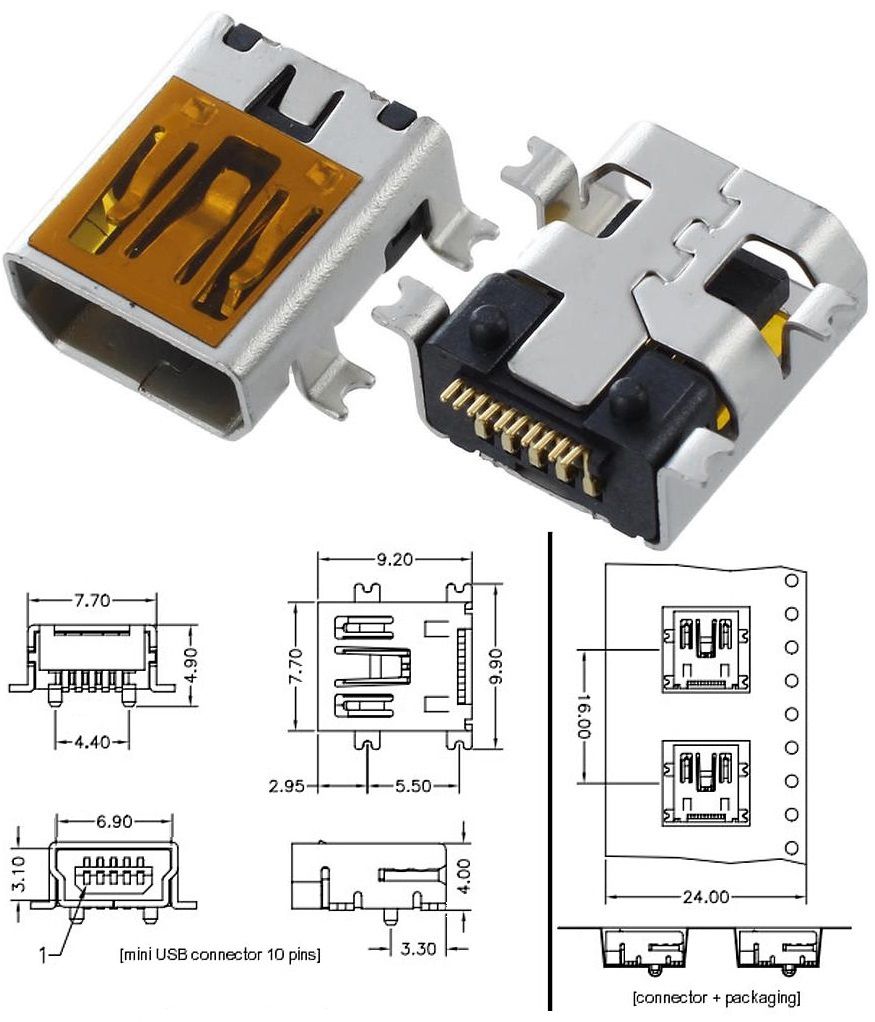 Conector Mini USB-B Hembra Smd 10 pin