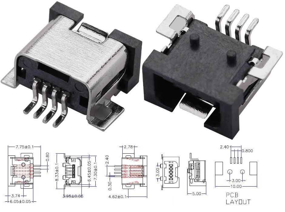 Conector Mini USB-B Hembra Smd 4 pin