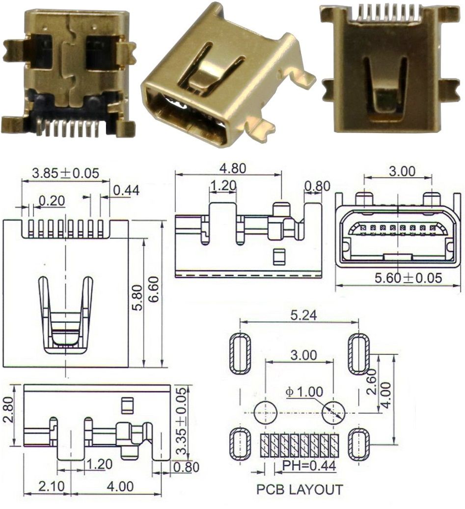 Conector Mini USB-B Hembra Smd 8 pin